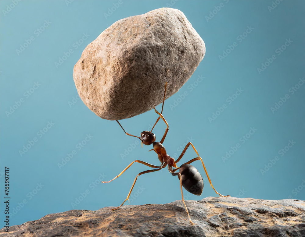 front view of an ant lifting a big rock on the air, on a light blue ...
