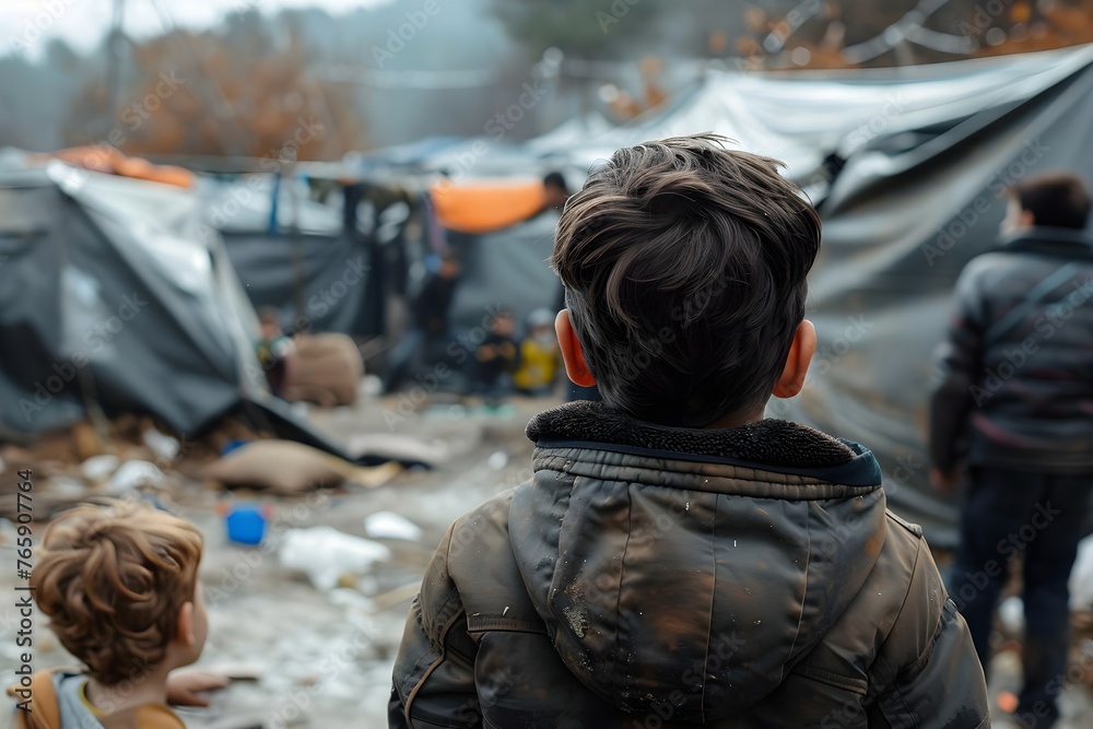 Homeless refugees watch as children play in a refugee camp during an ...