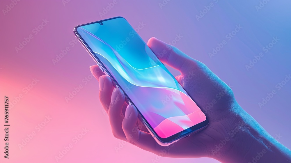 The hand holds a realistic cell phone with a bright screen saver on the ...