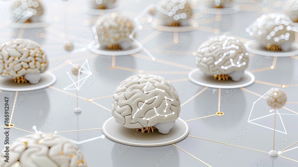 A multitude of human brains linked together by a glowing grid. The ...