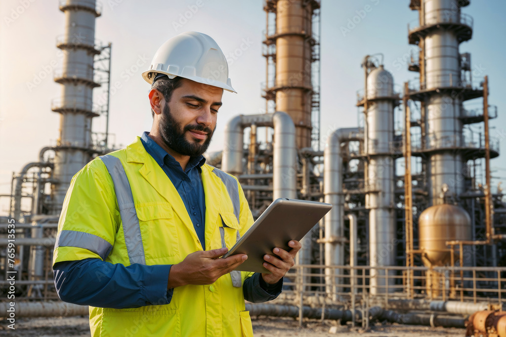 Arabian engineer man wearing a yellow vest and a red scarf is looking ...