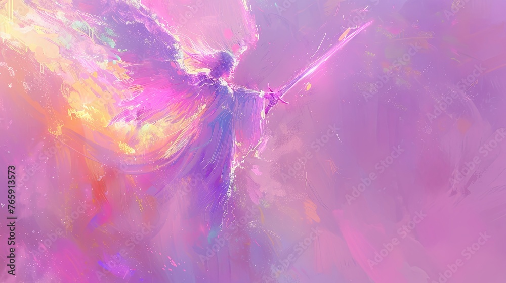 Angel with wings and sword descends from heaven. A medieval biblical ...