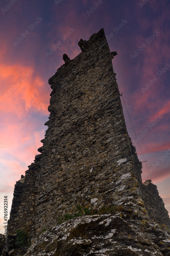 Low-angle view of the remains of the medieval castle in the so-called ...