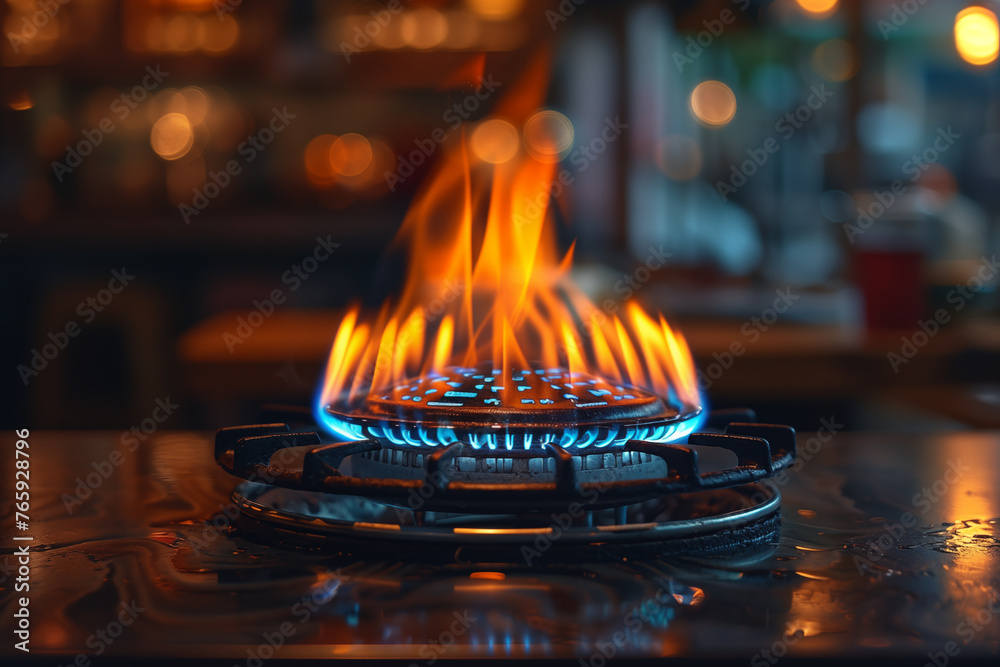 Kitchen gas stove burner emits blue flame transparency. Horizontal ...