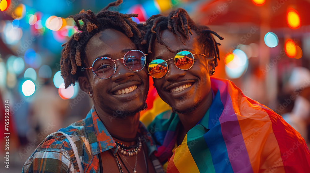 Two young black african American men lgbt couple hugging smiling ...