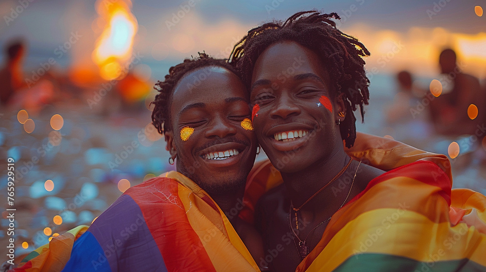 Two young black african American men lgbt couple hugging smiling ...