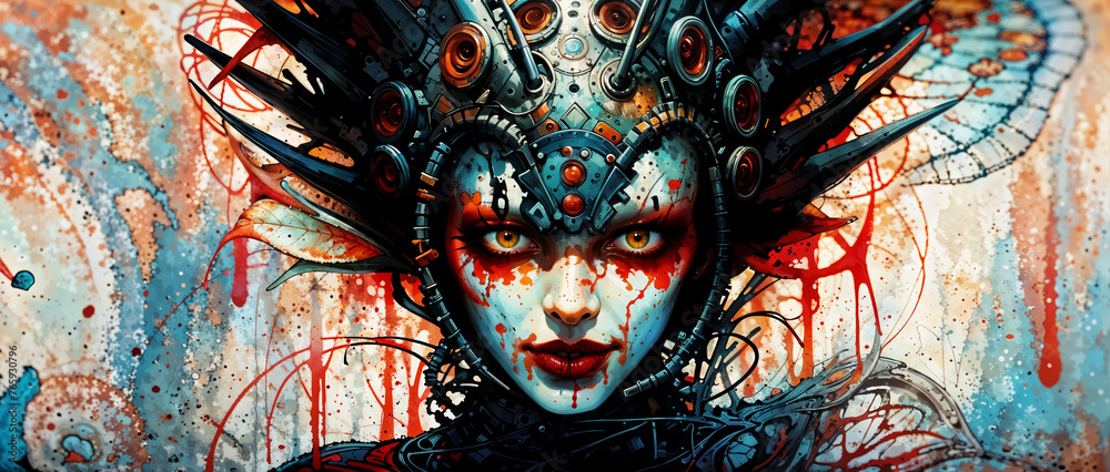 Female cyborg assassin with sinister evil stare and bloody red lips ...