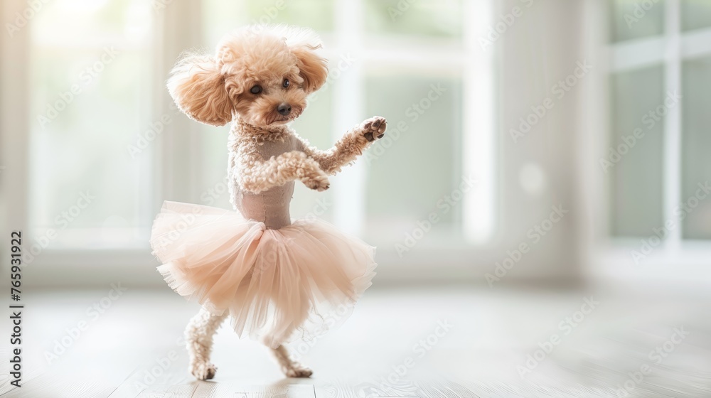 Poodle in ballet skirt standing on two legs. Bright, airy indoor ...