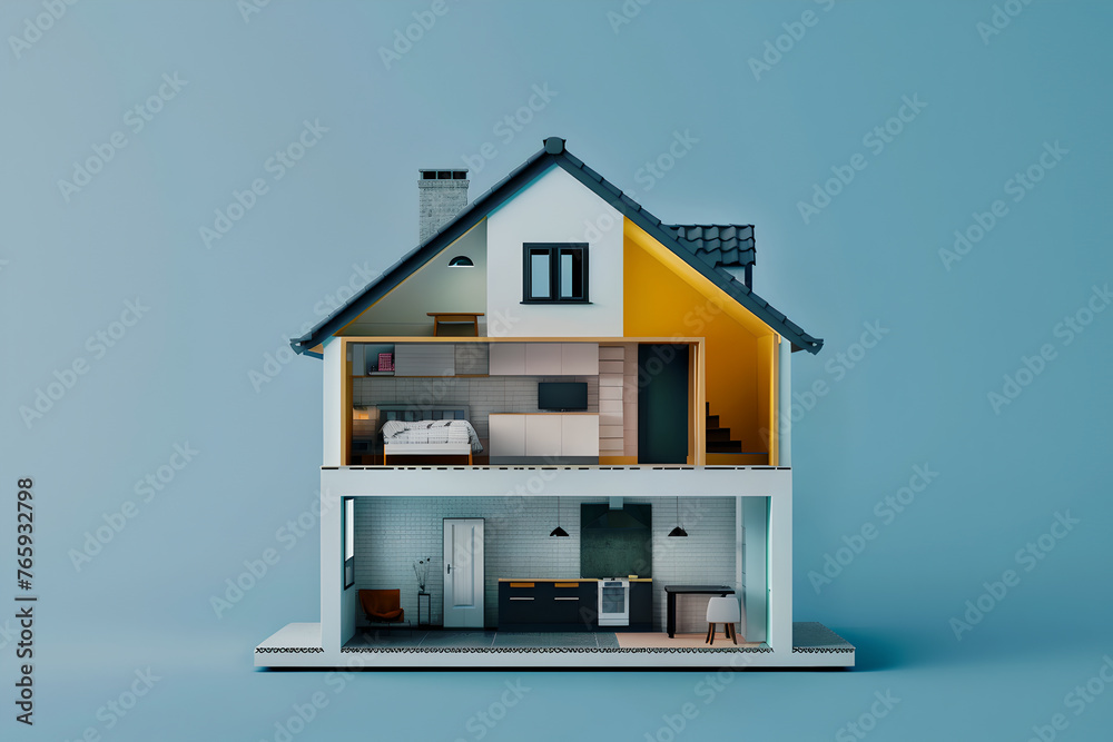 Miniature model of house in section with interior rooms, building ...