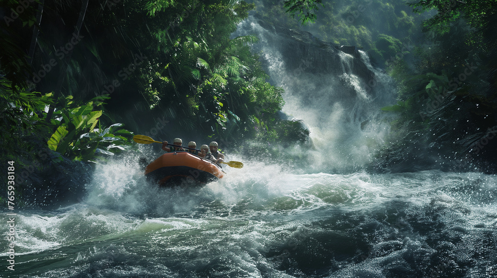 White Water Thrill: Photorealistic Scene of Raft Amid Churning Rapids ...