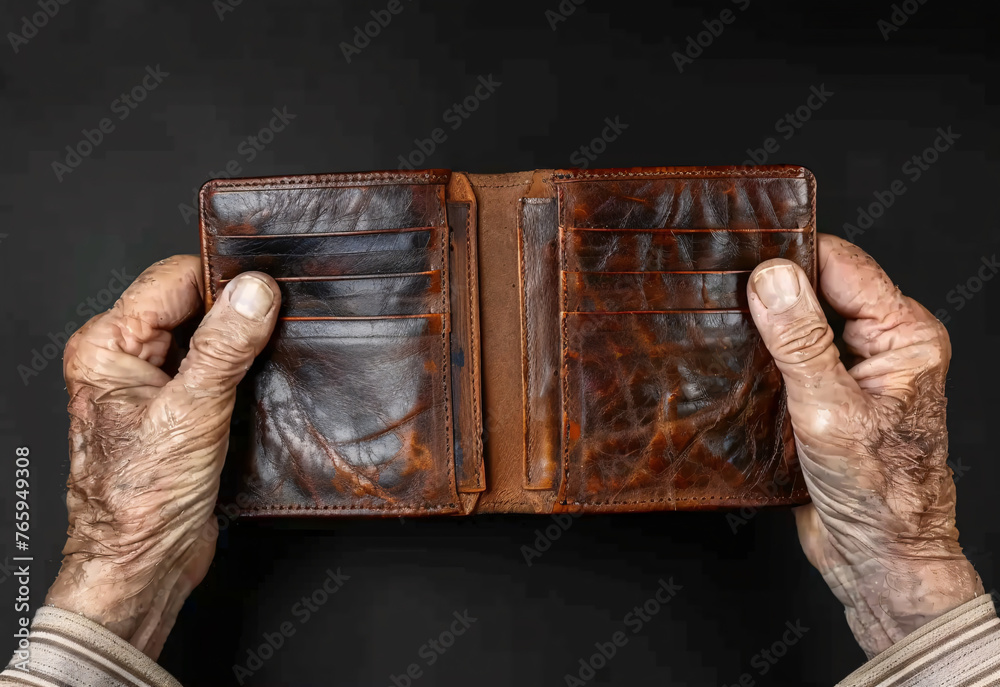 Poverty in Retirement Concept: Elderly Hands Clutching an Empty Leather ...