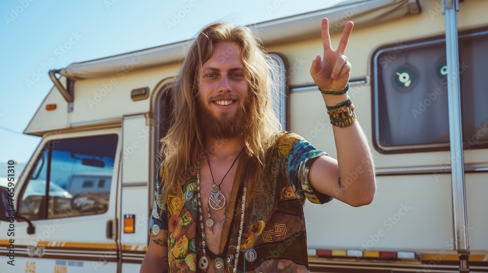 Hippie male with long hair in Front of his small RV Making a Peace Sign ...