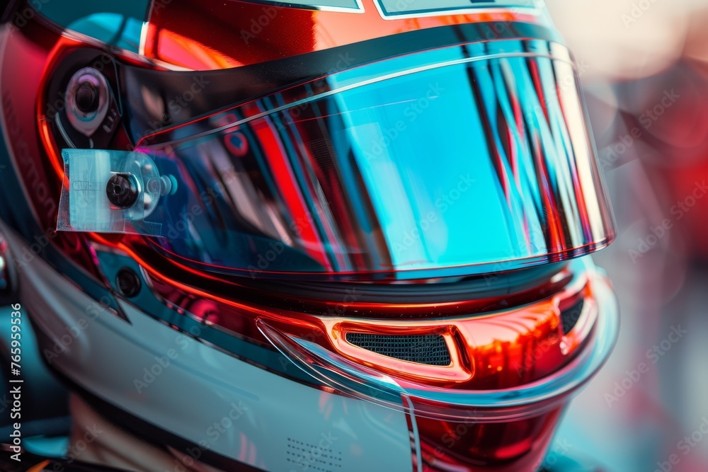 Professional racer wearing a helmet with a colorful visor reflecting on ...