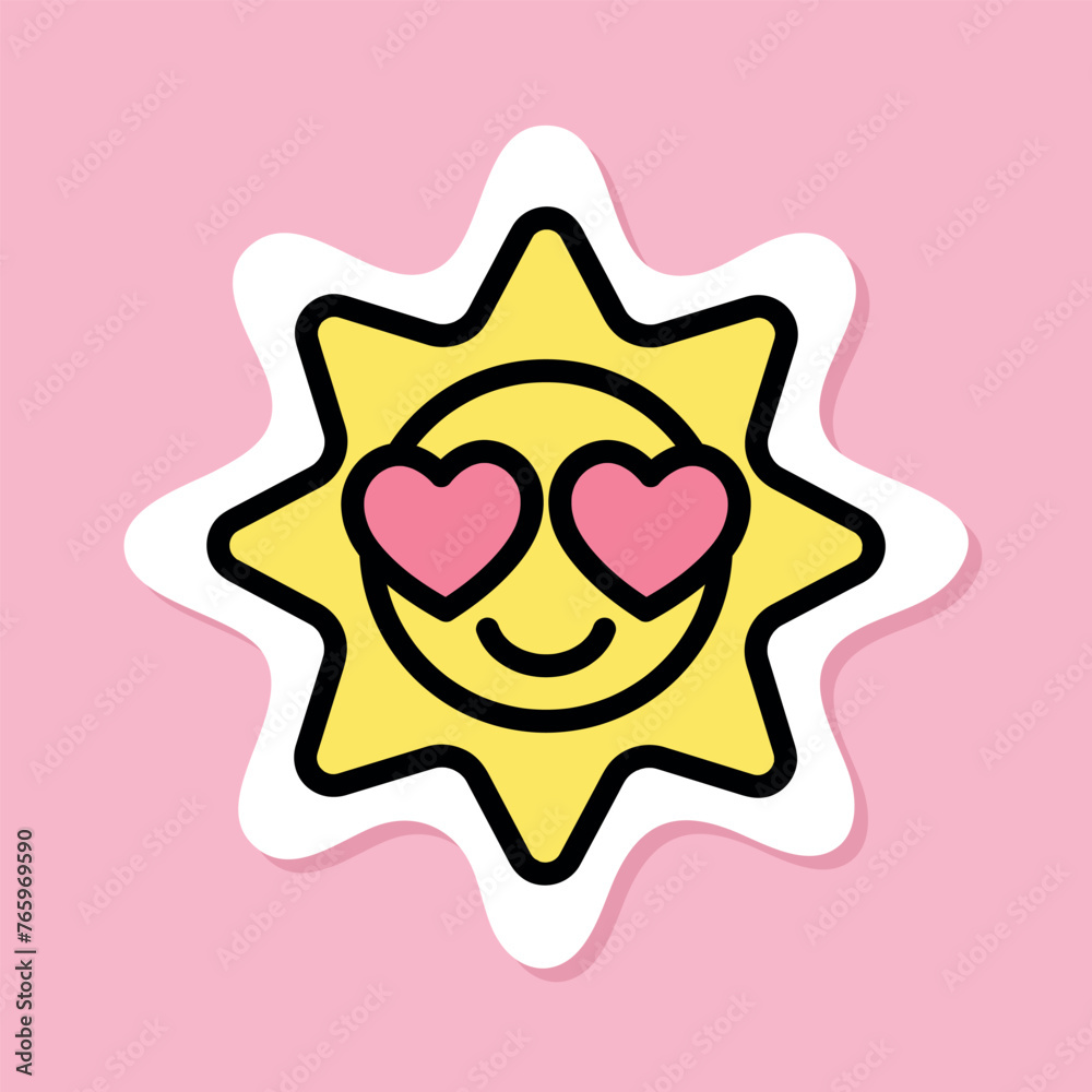 groovy sun with heart eyes sticker, yellow symbol with black outline ...