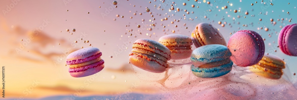 Macarons in a variety of colors are captured in motion against a sunset ...