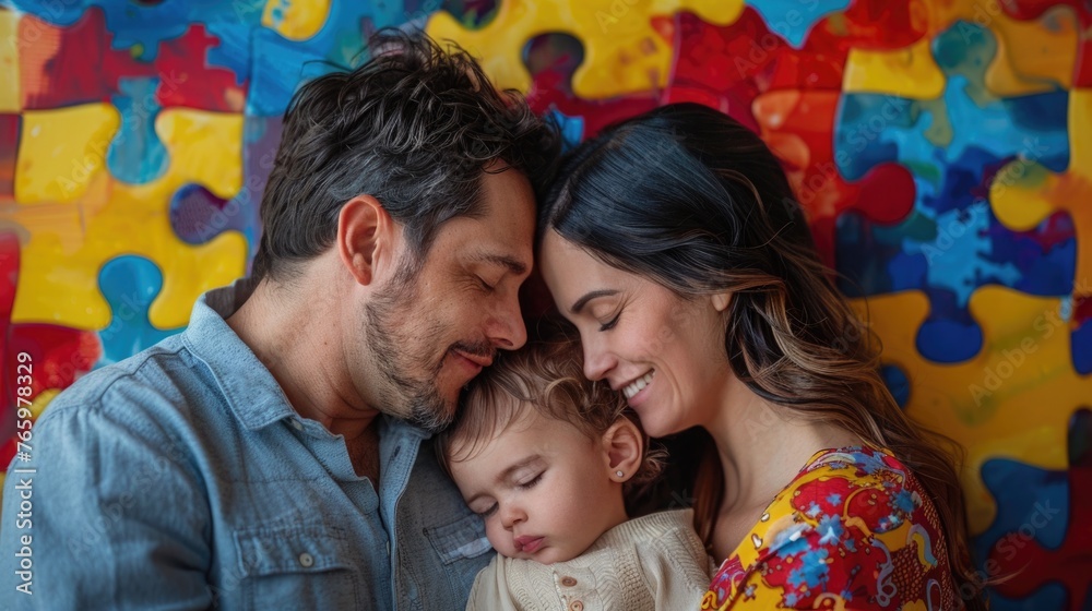 Family portrait for Autism Acceptance Month, symbols of awareness ...