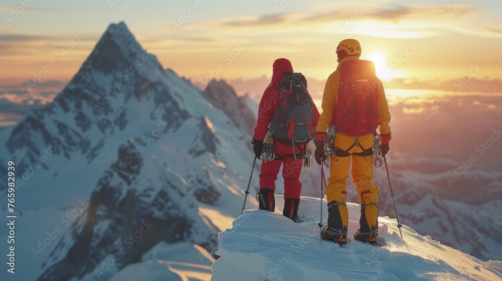 Teamwork. two mountain climbers helping each other on the mountain peak ...