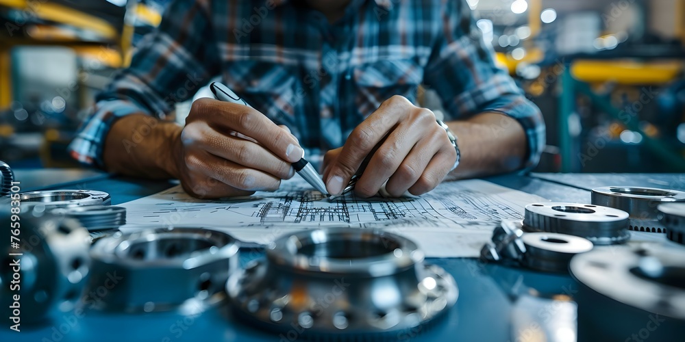 Engineer designing mechanical parts in a factory using blueprints and ...