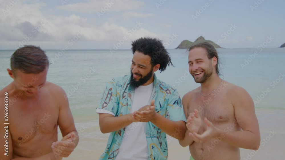 Group of three tourists, African American man in Hawaiian shirt, two ...