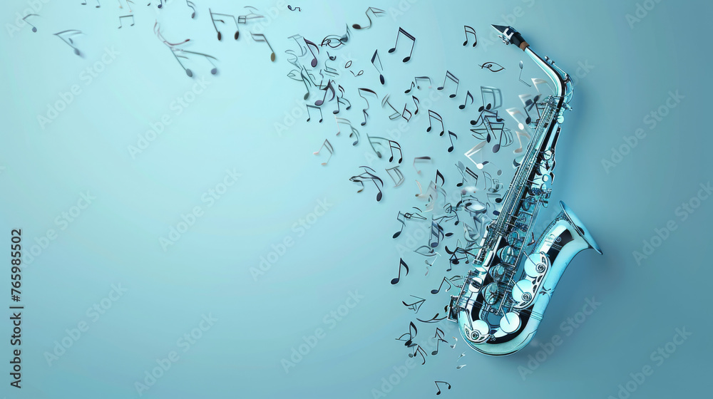 Music notes and various musical symbols emanate from a saxophone ...