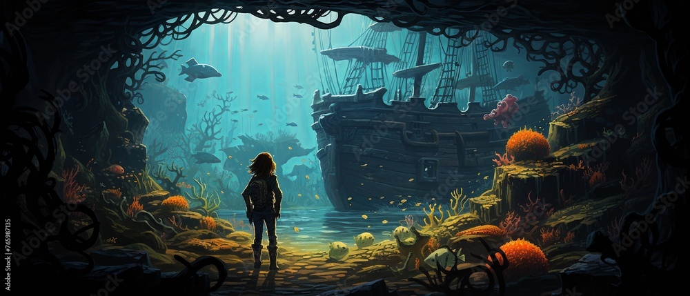 2D cartoon illustration a mermaid exploring a sunken pirate ship Stock ...