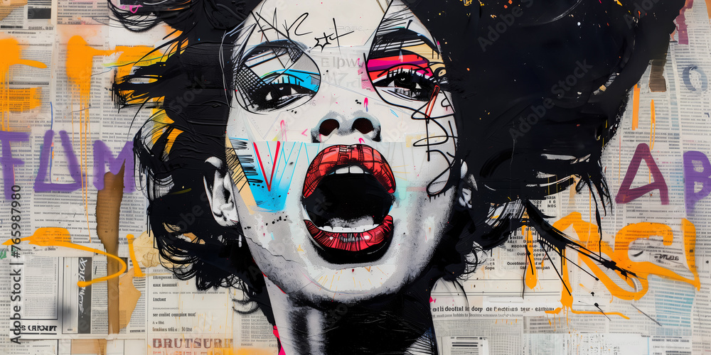 Graffiti, collage of grunge newspapers and multicolored painting ...