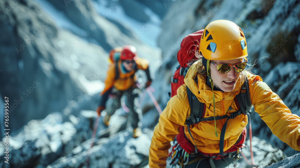 Teamwork. two mountain climbers helping each other on the mountain peak ...