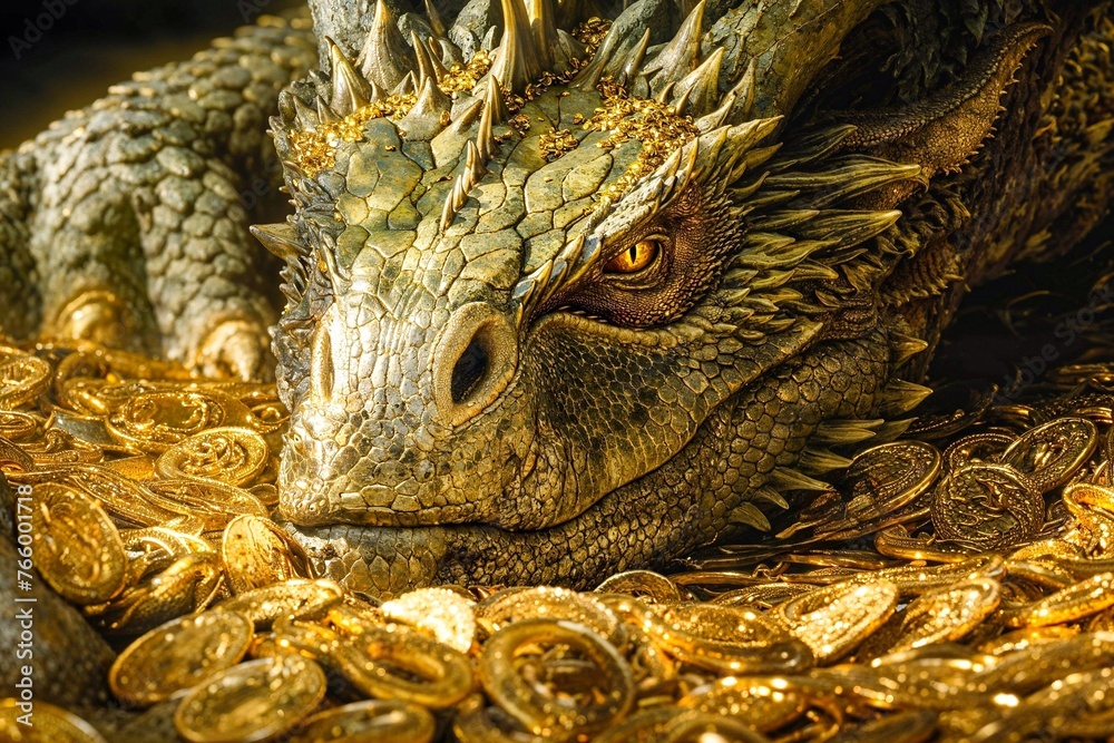 Dragon guarding a hoard of gold coins, mythology, Beowulf, Fafnir Stock ...