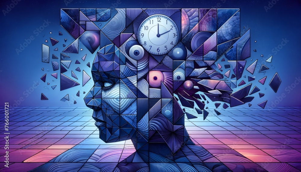 Abstract fractured human profile with geometric shapes and a clock ...