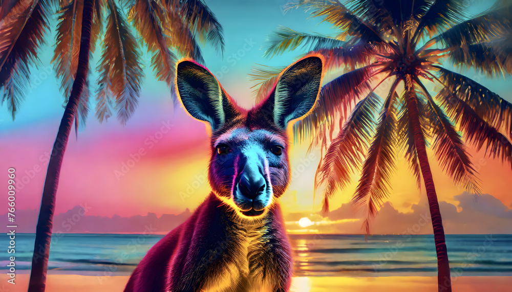 kangaroo, Doppelbelichtung, y2k, neon, vibrant, bunt, palmen, glow ...