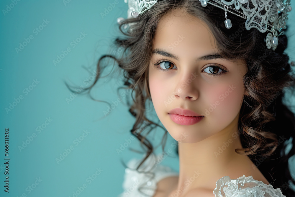 Hispanic 15 years old Beauty Queen in crown, studio portrait Stock ...