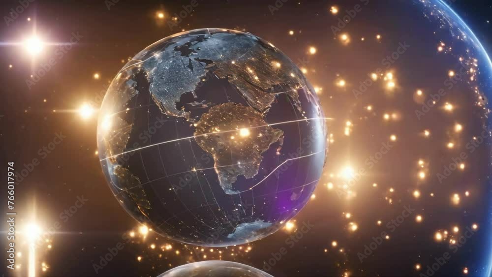 Glistening Earth with curving network lines, depicting a digital web of ...