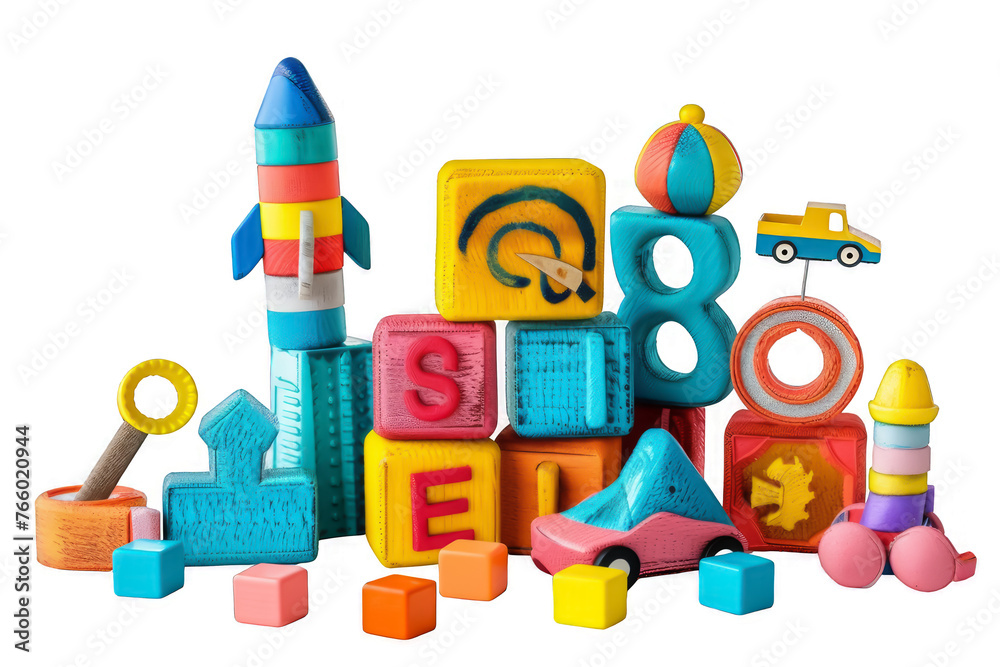 A colorful display of toys and blocks with the word "sell" written in ...