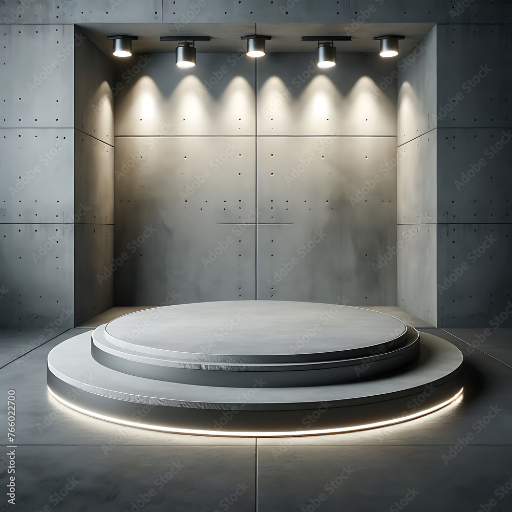 3D Empty Rounded concrete grey podium, under cool, urban lighting. 3D ...