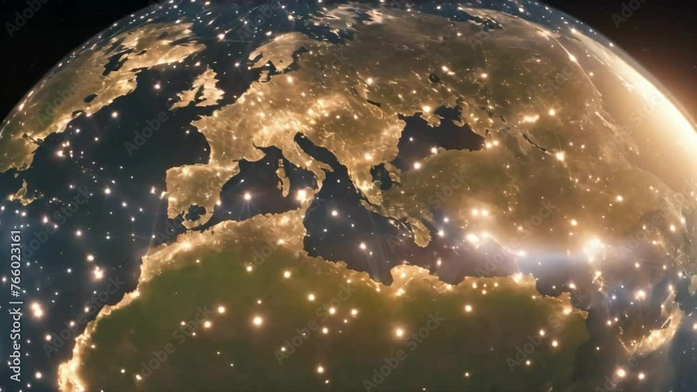 Glistening Earth with curving network lines, depicting a digital web of ...