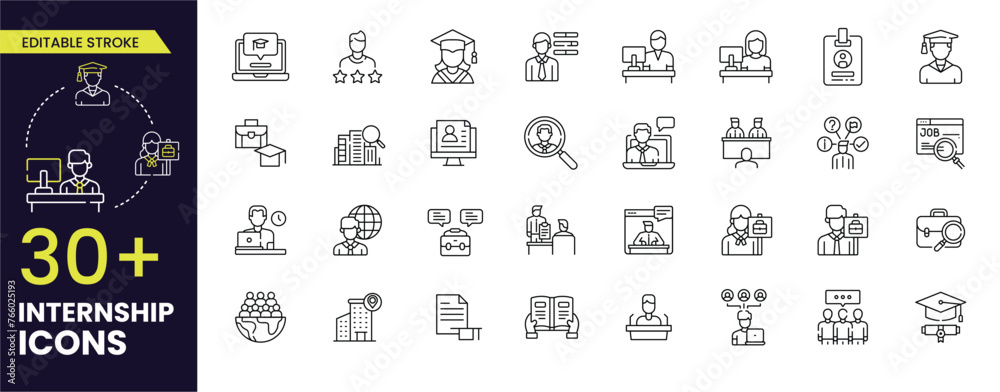 Internship Editable Stroke icon concept with icon of goal, skills ...