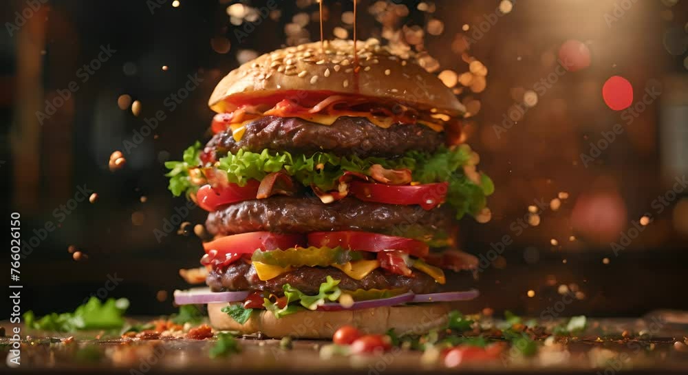 A juicy burger with all the fixings being assembled in mid-air Stock ...