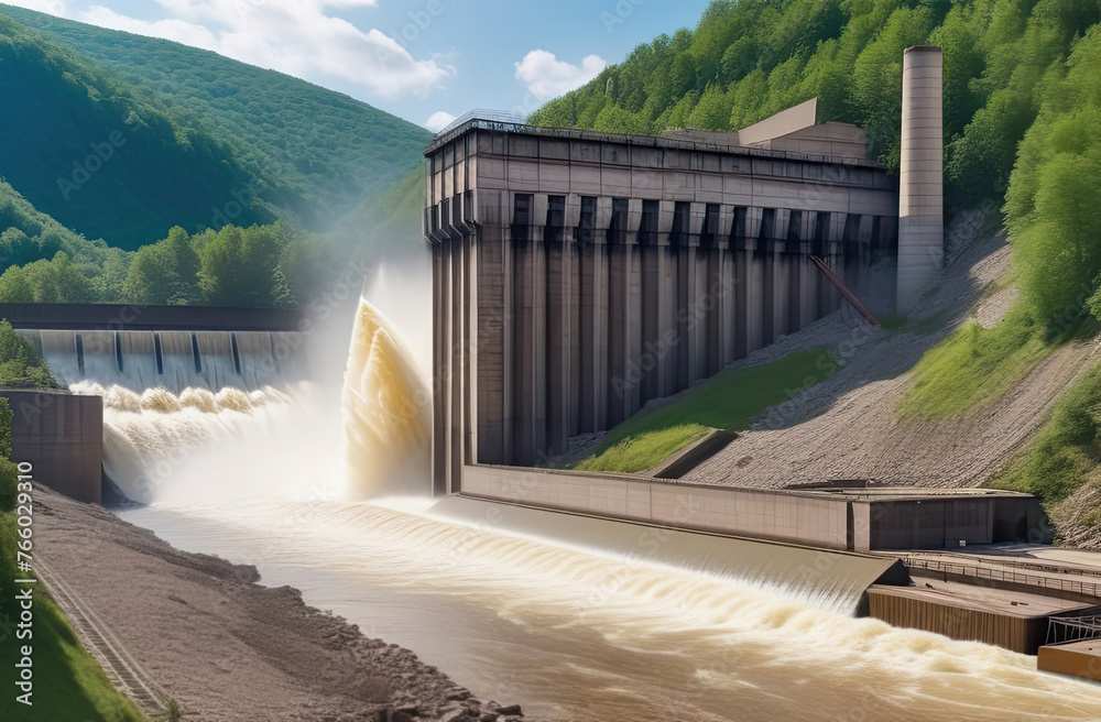 Hydroelectric dam releases water, Emergency release from an overflowing ...