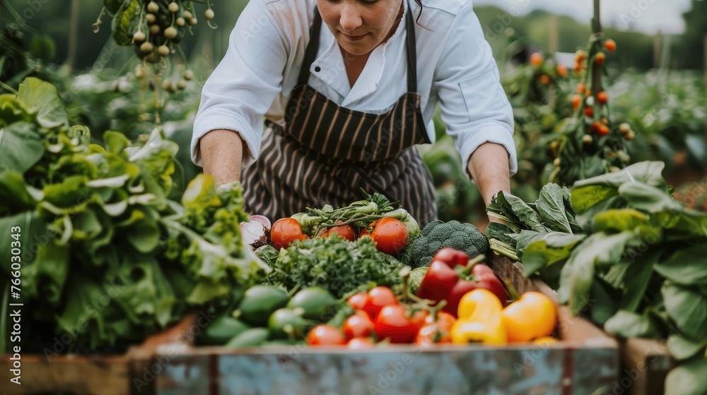 Anonymous chef harvesting fresh vegetables in an agricultural field ...