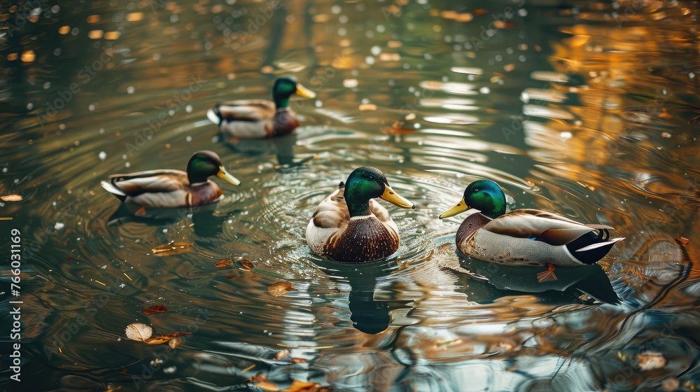 Ducks on the pond in the park. Wild ducks are reflected in the lake ...