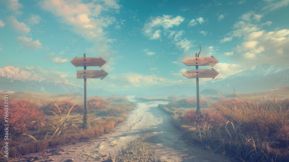 Surreal landscape with a split road and signpost arrows showing two ...