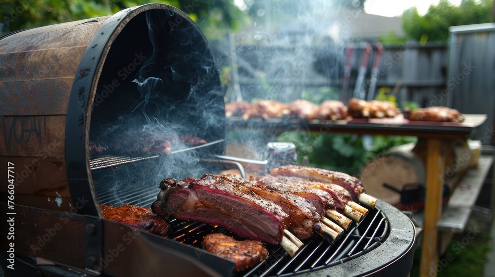 A DIY smoker BBQ in a suburban backyard, where a homemade smoker cooks ...