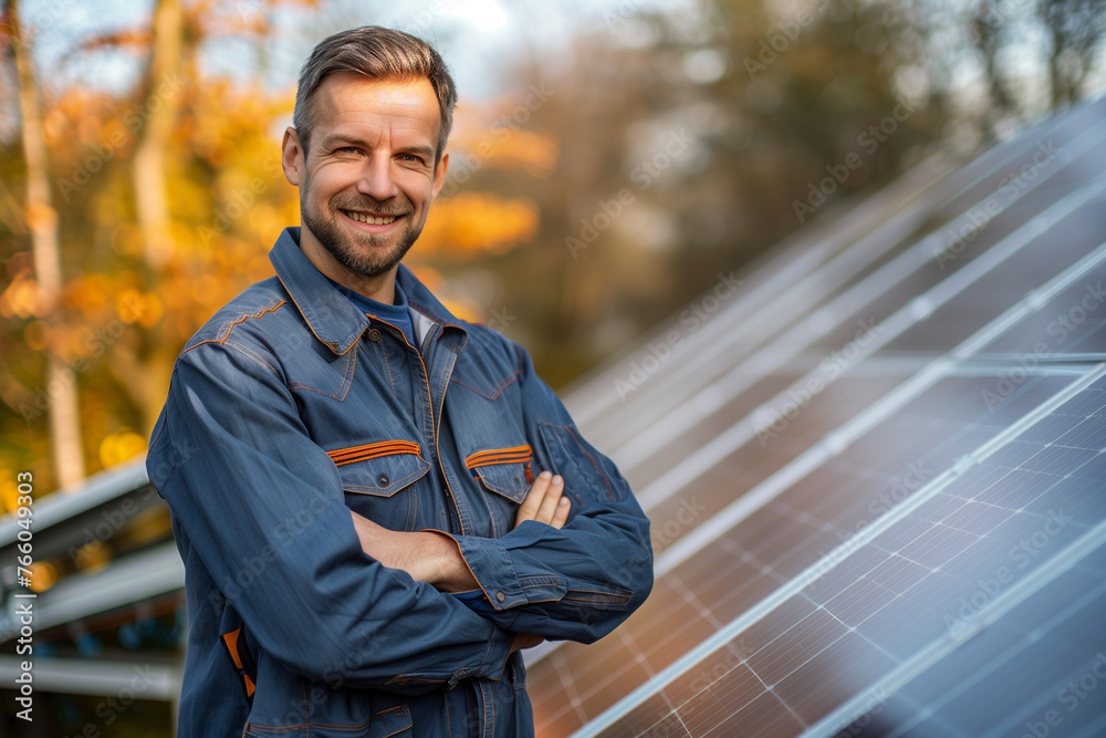 Engineer wearing a helmet inspects solar system, electrician or ...