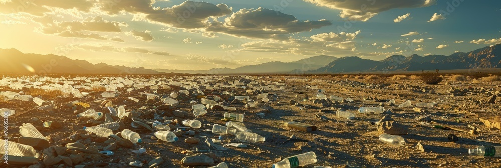 Pollution crisis with plastic bottles in desert - A landscape filled ...