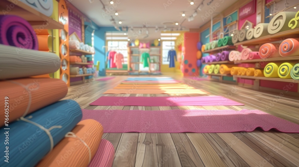Postnatal yoga mat selection in a 3D animated vibrant store, focusing ...