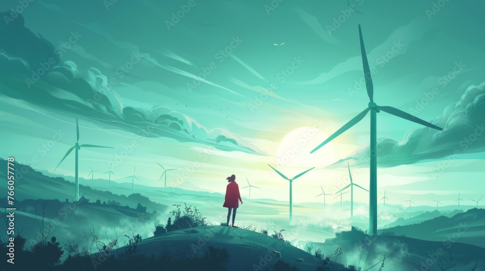 Vector illustration portraying a character driving the clean energy ...
