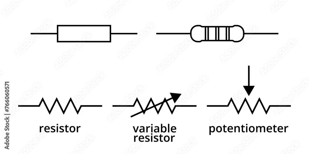 Resistor Rheostat Or Variable Resistor And Potentiometer Symbol Set Isolated On White