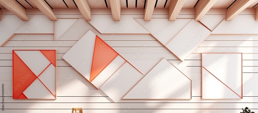 The building features a facade with geometric shapes like triangles and ...