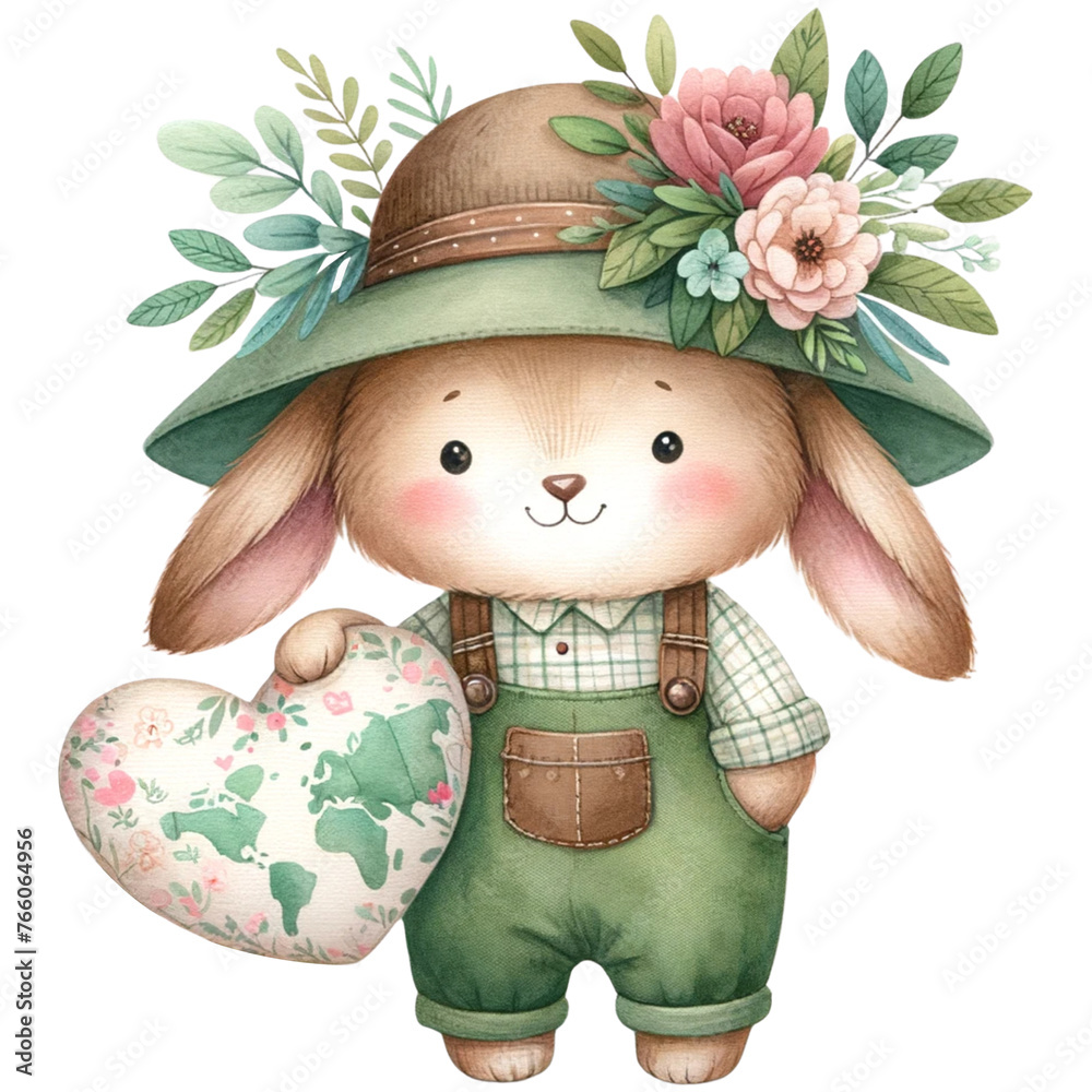 cute watercolor bunny earth day, earth day clipart, cute animal earth ...
