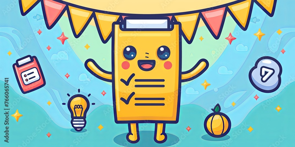 Cute 2D vector illustration of a smiling, anthropomorphic task list ...